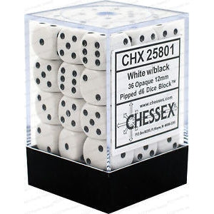 D6 Dice Opaque 12mm White/Black 36 Dice in Display – SuperOffice