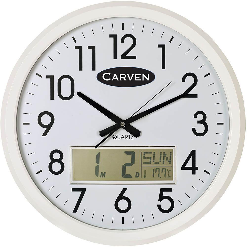 Carven Wall Clock With Lcd Calendar 470Mm White | SuperOffice