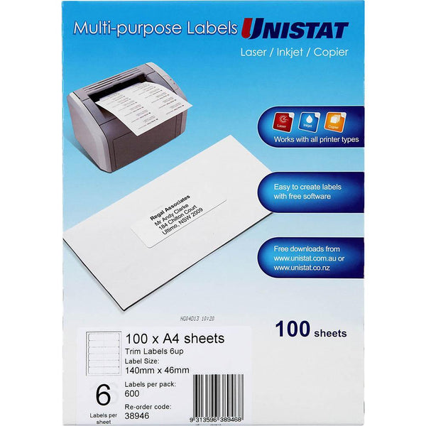 Unistat 38946 Trim Label A4 6Up Pack 100 | SuperOffice